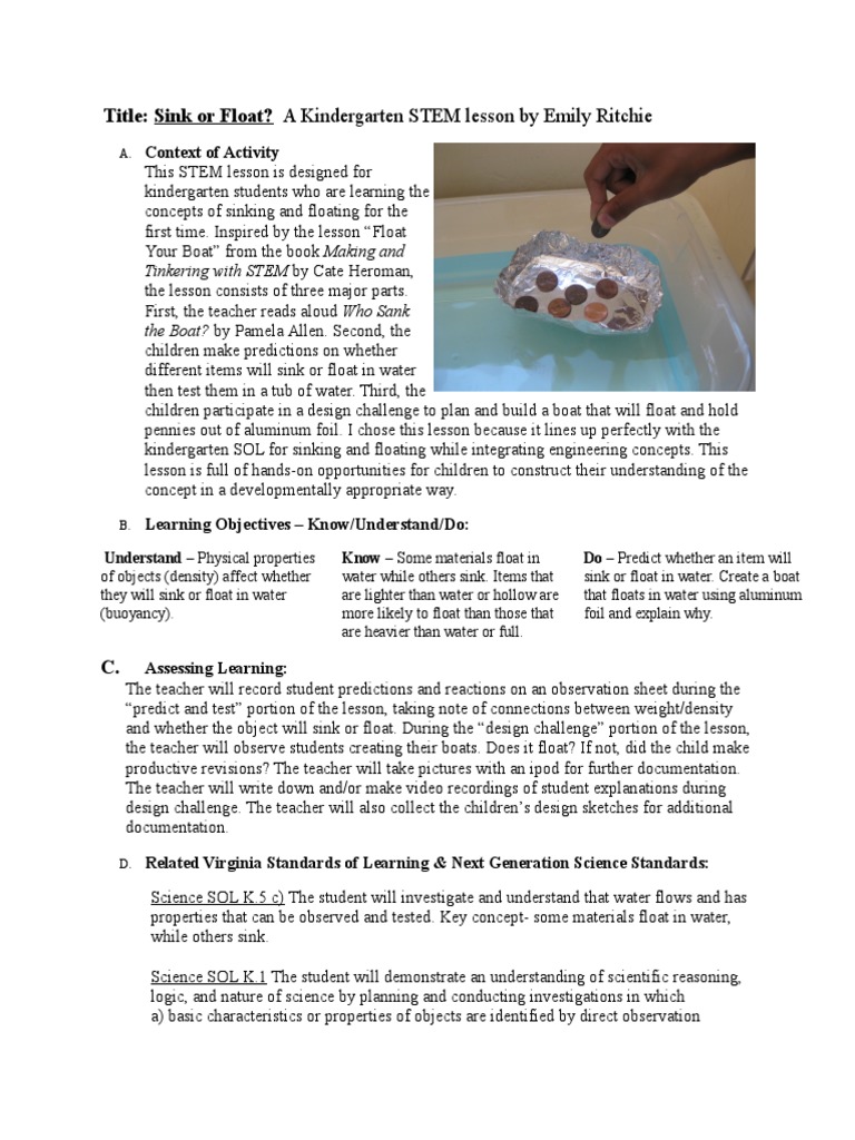 Kindergarten Sink or Float STEM Lesson | PDF | Buoyancy | Science