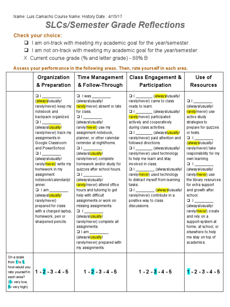 Slcs/Semester Grade Reflections | PDF | Homework | Educational Psychology