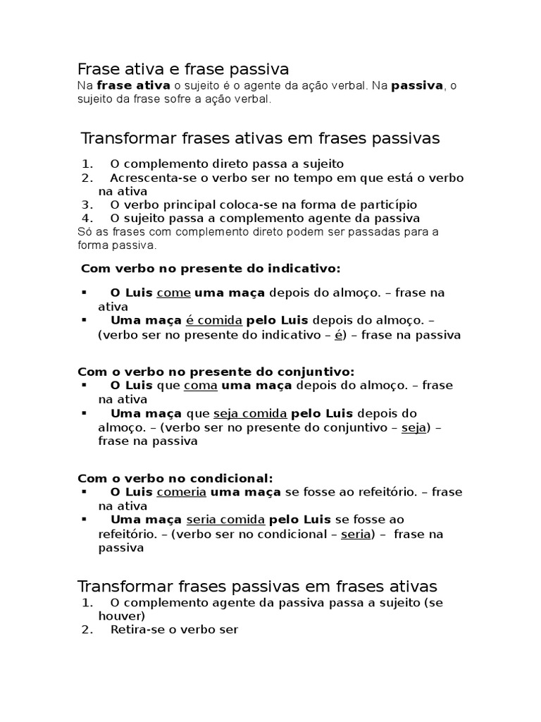 Ativa e Passiva: Exemplos e Exercícios | PDF | Assunto (gramática ...