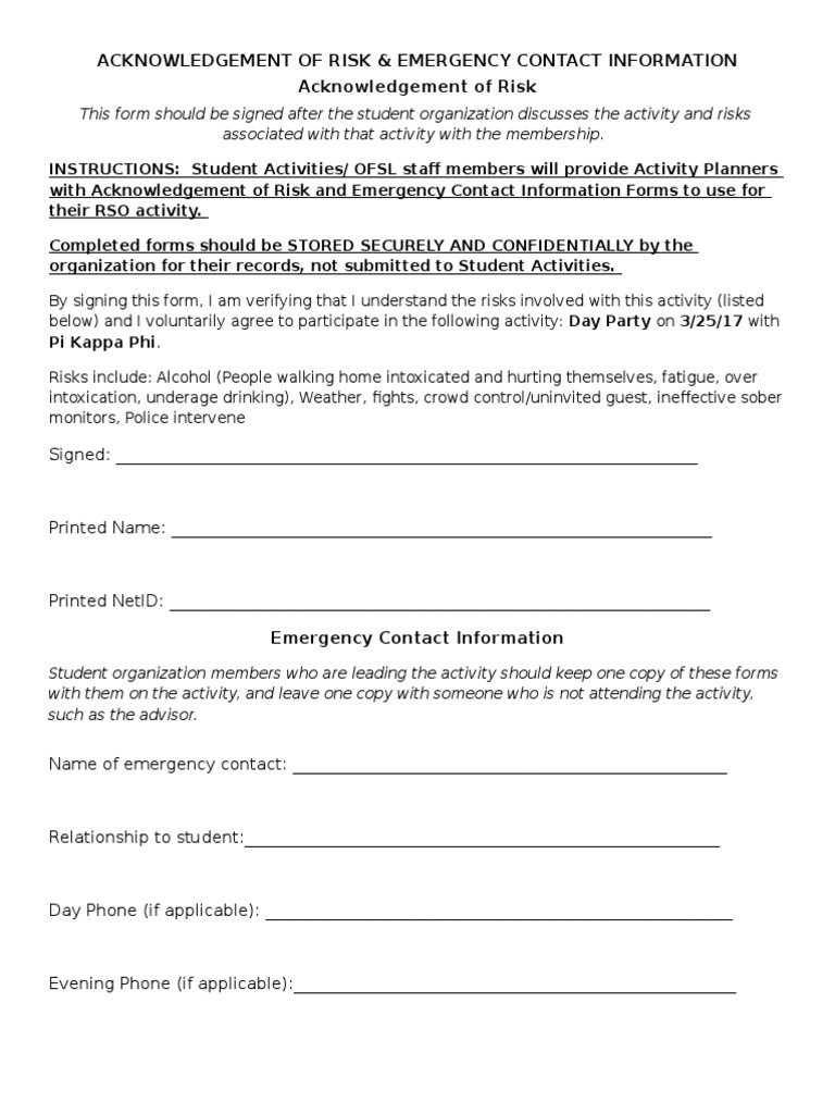 Acknowledgement of Risk & Emergency Contact Information Acknowledgement ...