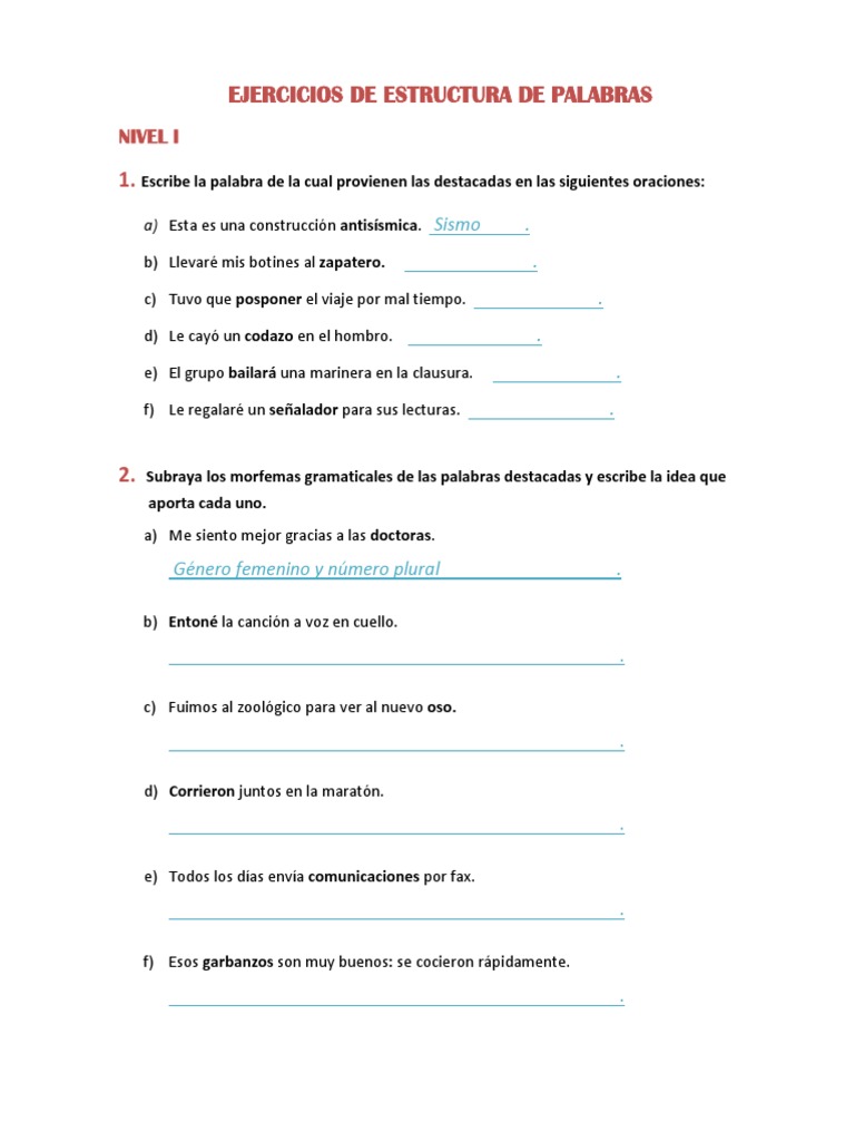 Ejercicios de Estructura de Palabras | PDF | Lingüística | Sintaxis