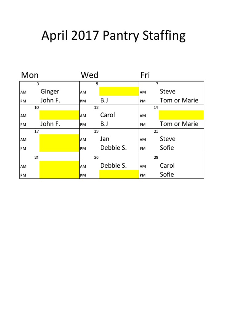 April 2017 Pantry Staff Schedule | PDF