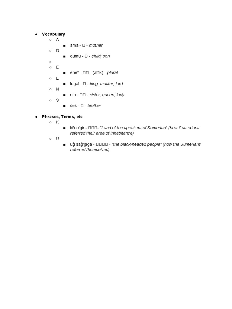 Key Sumerian Vocabulary Terms: Family Relationships and Self ...