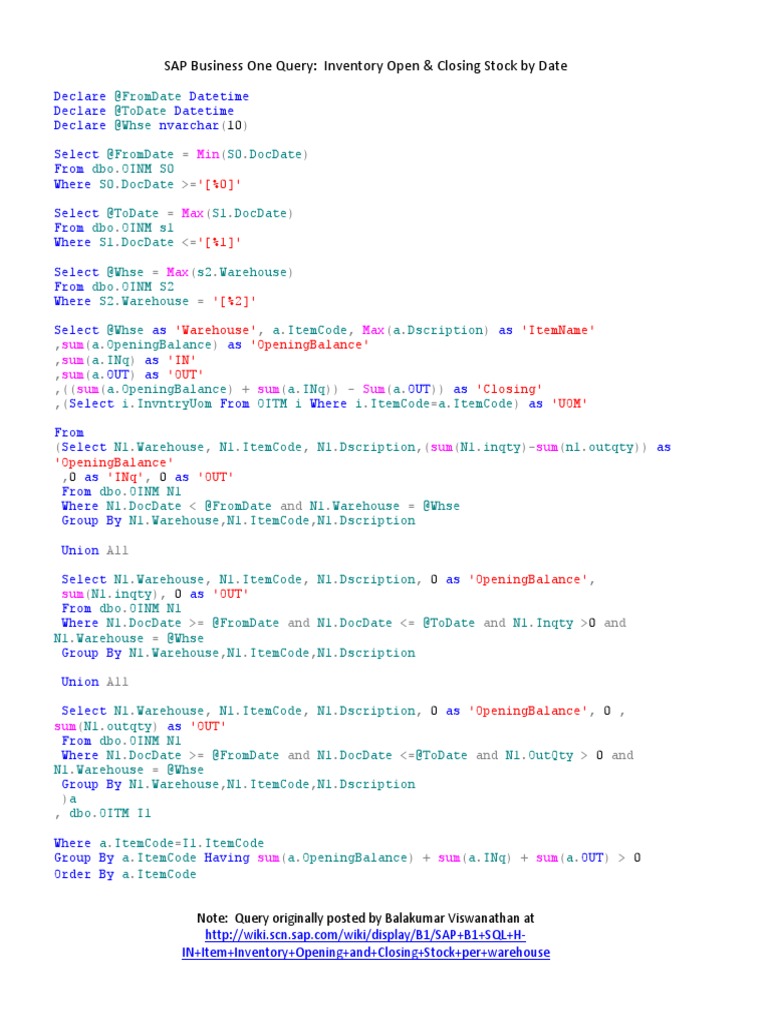SAP Business One Query Inventory Stock by Date | PDF