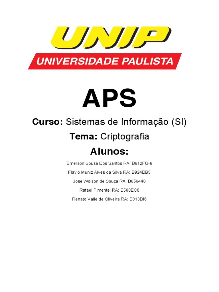 APS UNIP de Criptografia | PDF | Criptografia | Criptografia de chave pública