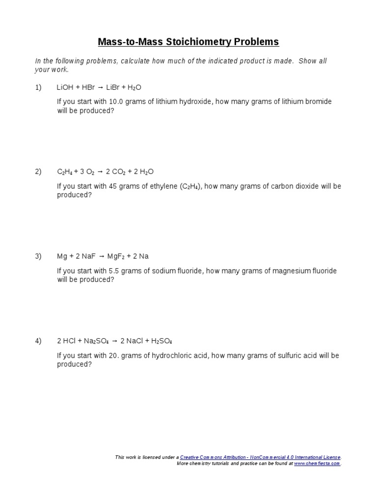 Mass To Mass Stoichiometry Problems | PDF