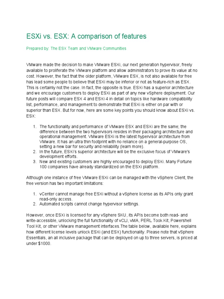 Esxi vs. Esx: A Comparison of Features: Prepared By: The Esx Team and Vmware Communities | PDF ...