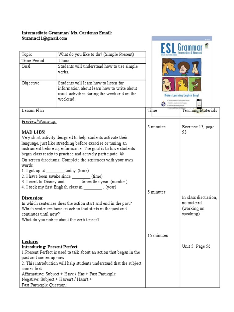 Intermediate ESL Grammar Lesson Plan | PDF | Perfect (Grammar ...