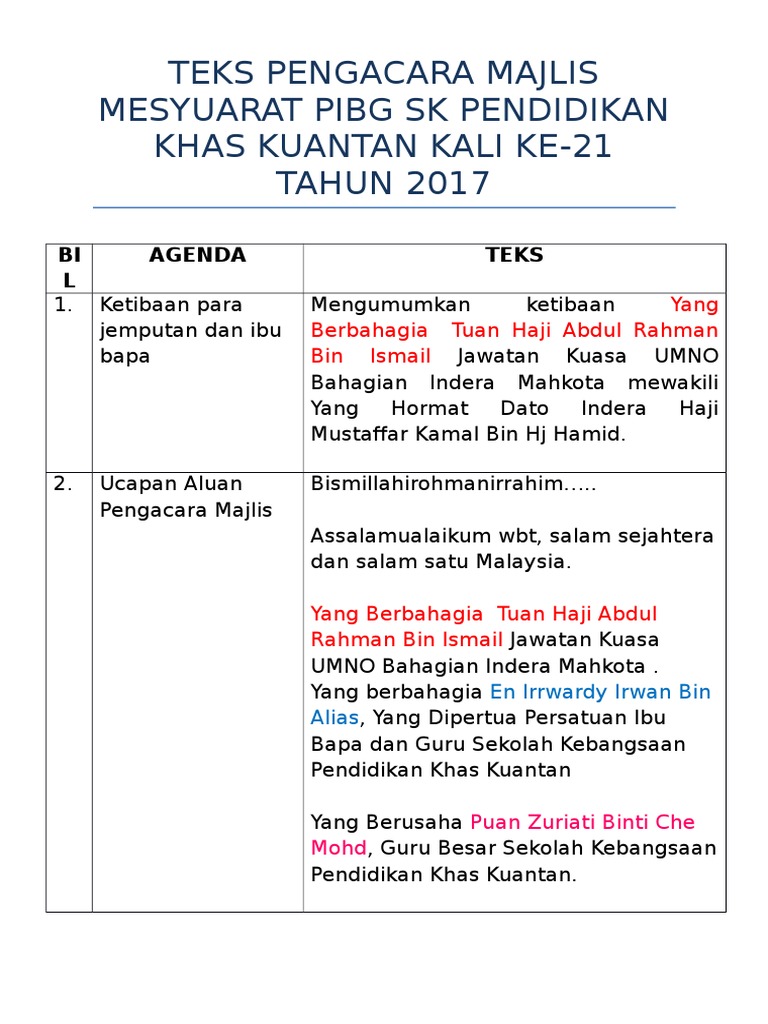 Teks Pengacara Majlis Mesyuarat Pibg | PDF