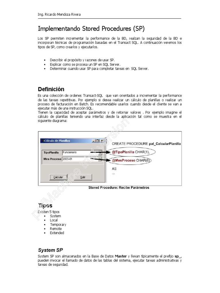 STORED PROCEDURES (Implementacion) SQL SERVER PDF | PDF | Servidor SQL ...