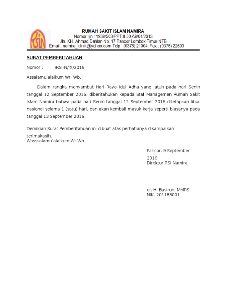 Surat Pemberitahuan Libur 17 Agustus | PDF