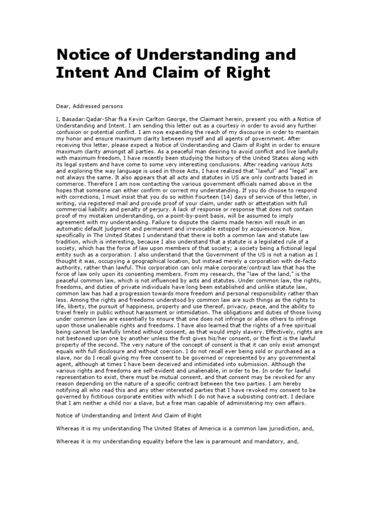 Notice of Understanding and Intent and Claim of Right | PDF | Natural ...