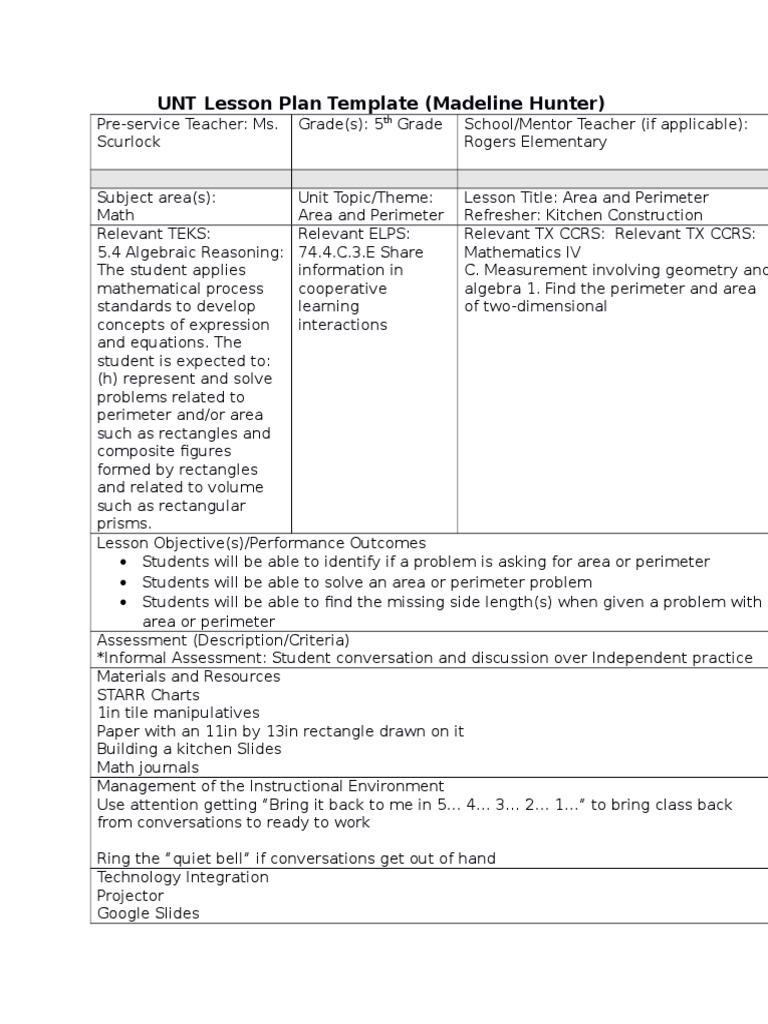 Area and Perimeter Lesson | PDF | Lesson Plan | Teaching Mathematics