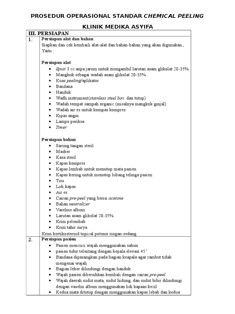 SOP Chemical Peeling Klinik Medika Asyifa | PDF