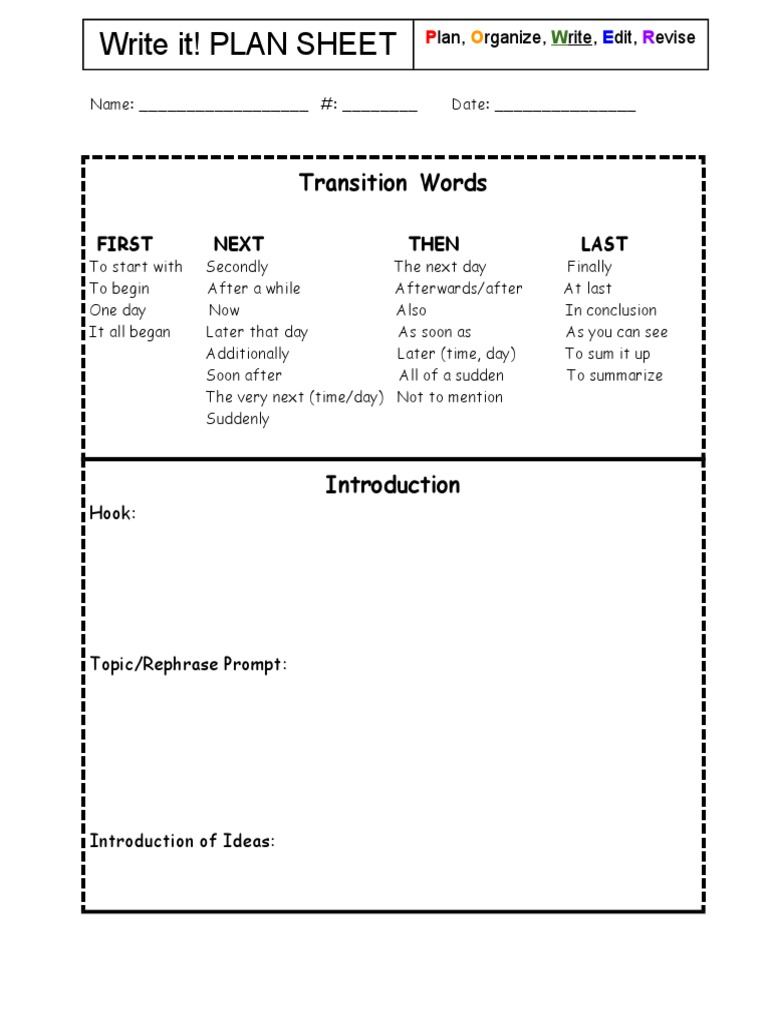 Write It! PLAN SHEET: Transition Words | PDF | Foreign Language Studies
