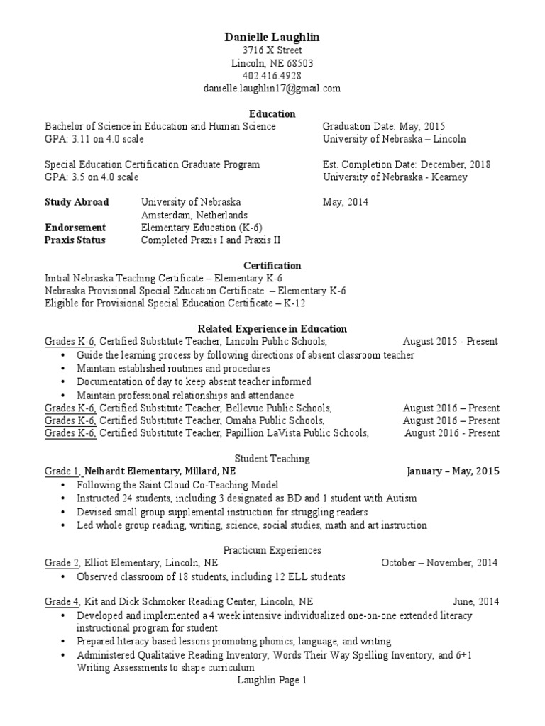 Teaching Resume Danielle Laughlin | PDF | Teachers | Literacy
