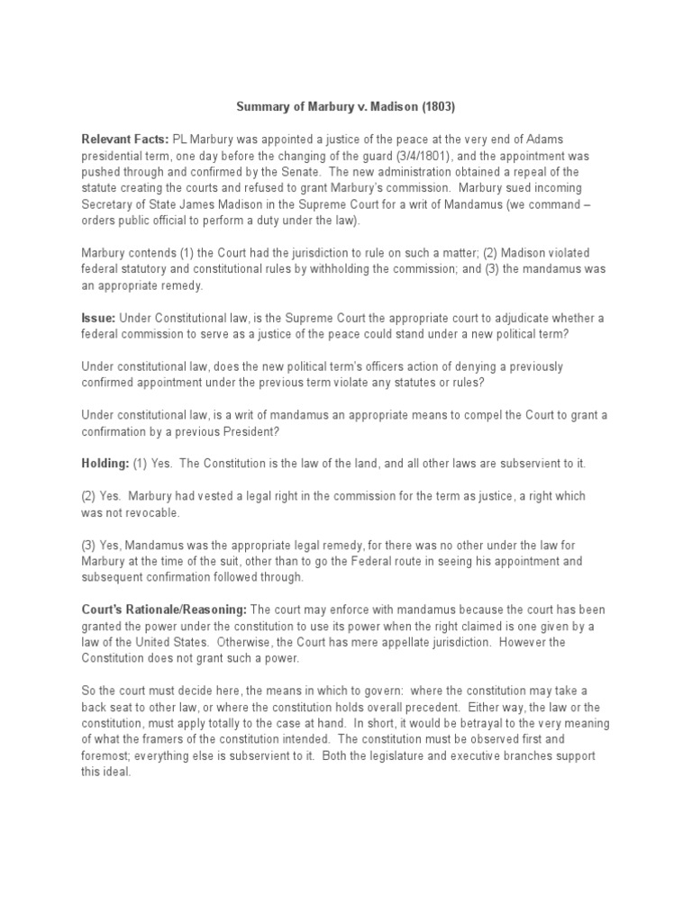 Case Brief Marbury vs Madison | Marbury V. Madison | Mandamus