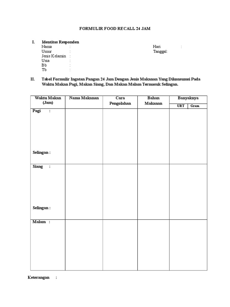 Formulir Food Recall 24 Jam | PDF
