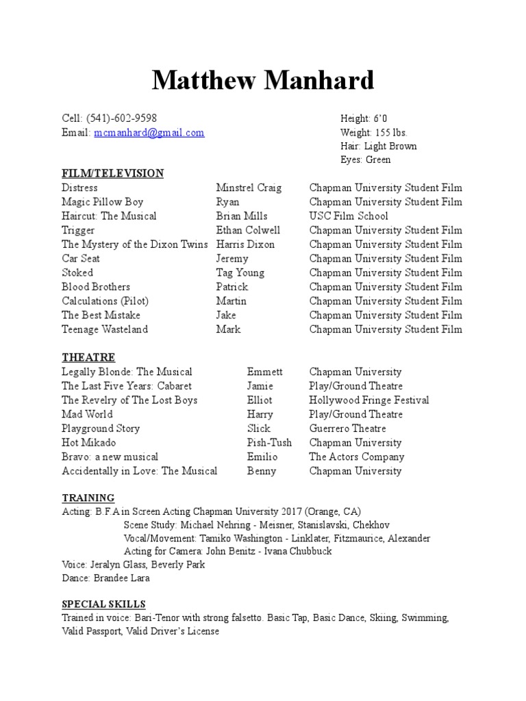 Matthew Manhard Acting Resume | PDF