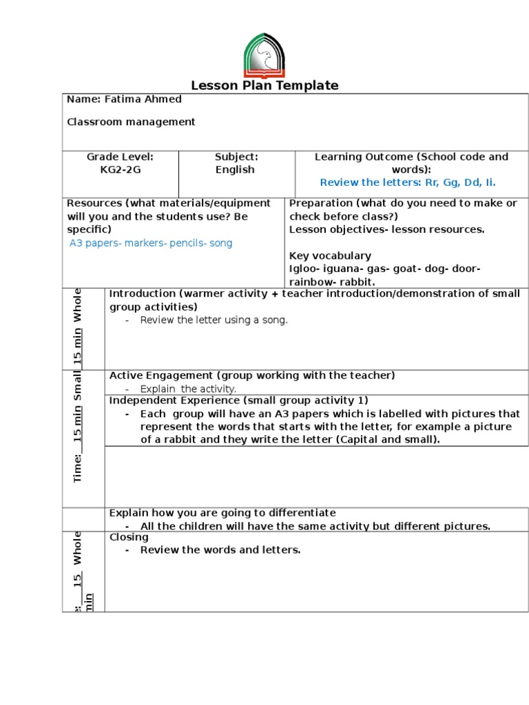 Lesson Plan Template: A3 Papers-Markers - Pencils - Song | PDF ...