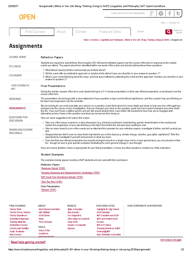 Assignments - Ethics in Your Life - Being, Thinking, Doing (Or Not - ) - Linguistics and ...