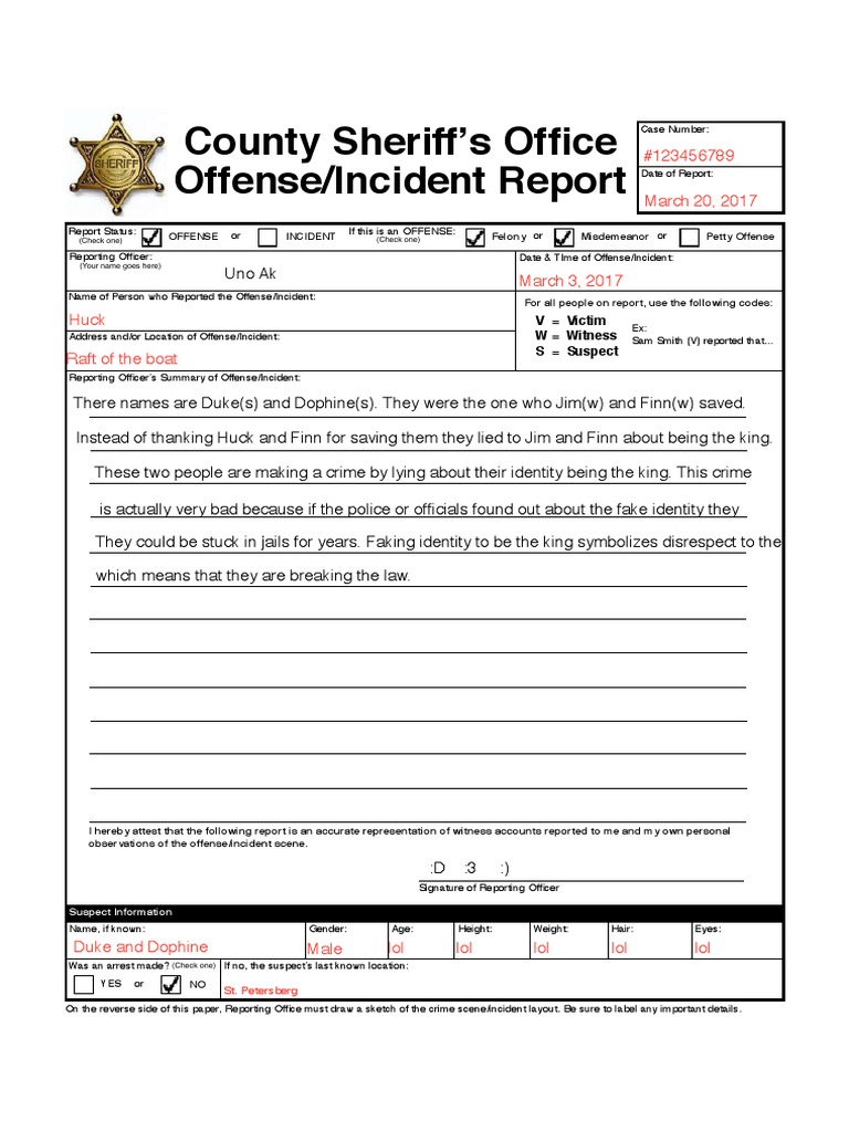 County Sheriff's Office Offense/Incident Report: #123456789 March 20 ...