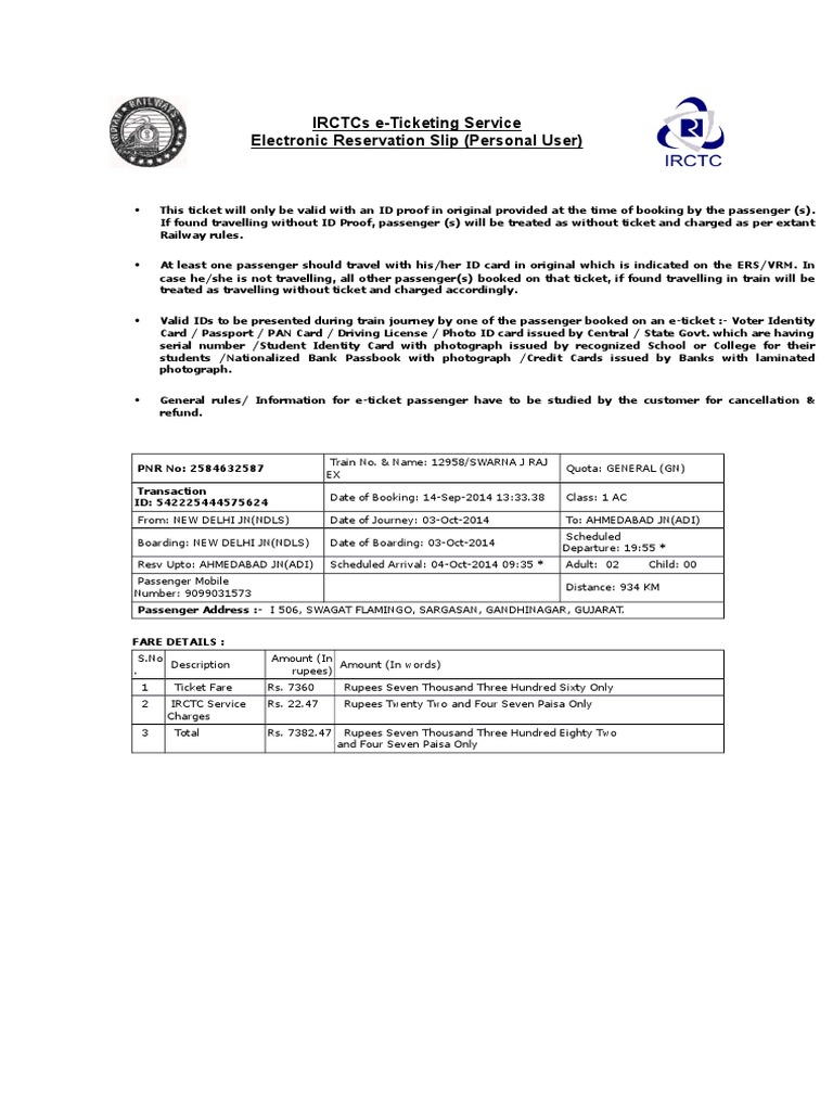 Irctcs E-Ticketing Service Electronic Reservation Slip (Personal User ...
