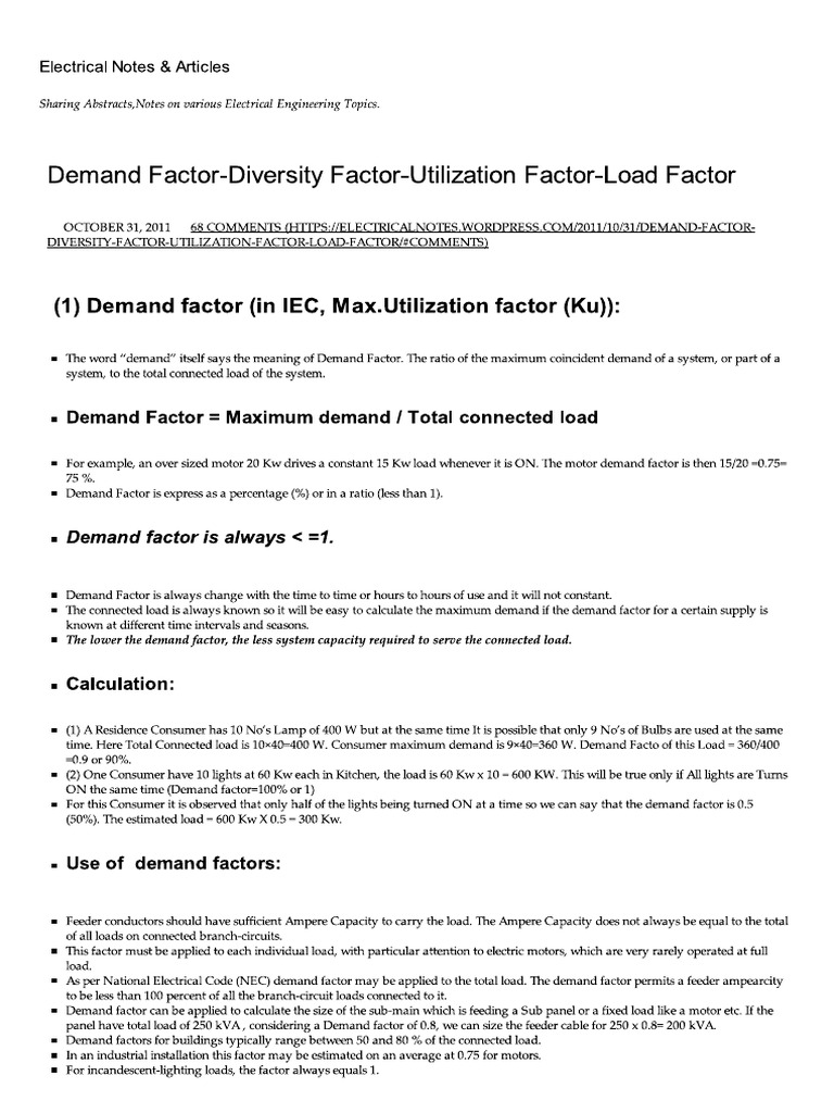 Demand Factor Diversity Factor Utilizat.. | PDF