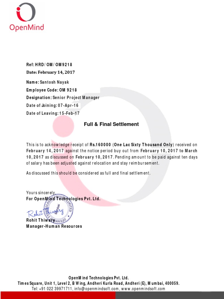 OM - Full & Final Settlement Statement | PDF