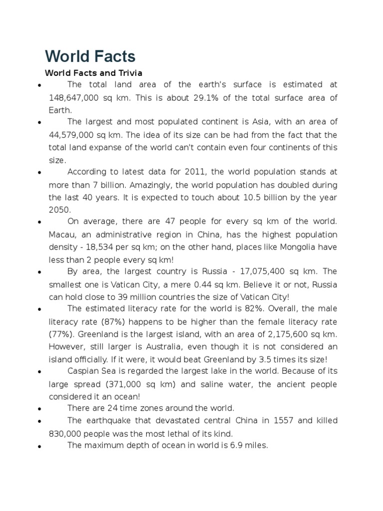 World Facts and Trivia | PDF | Oceans | Earth