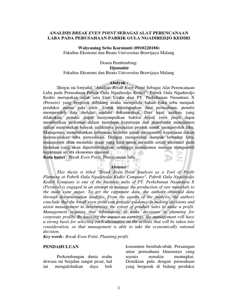 Analisis BEP Pabrik Gula Ngadiredjo | PDF | Bisnis | Pengelolaan ...