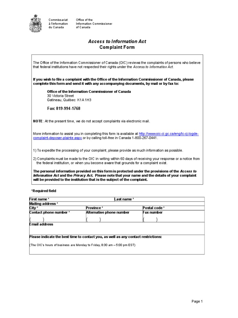 OIC Complaint Form-Eng | PDF | Freedom Of Information Laws By Country ...