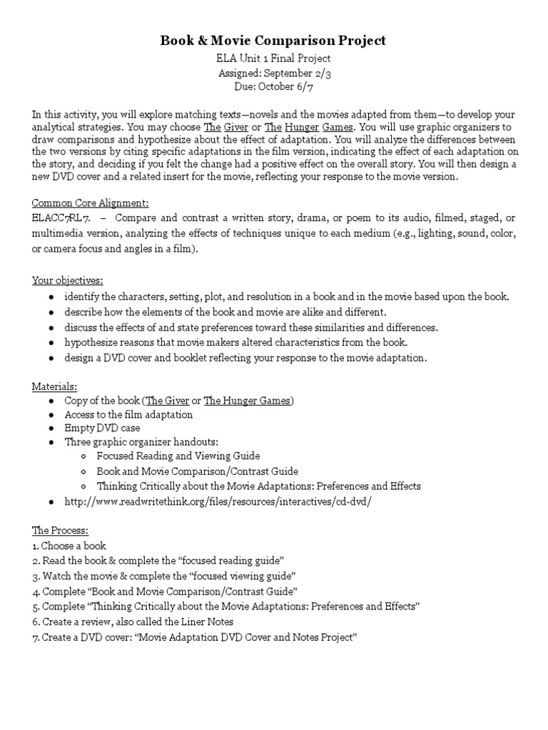 Book Project Compare and Contrast Materials PDF | PDF | Plot (Narrative ...