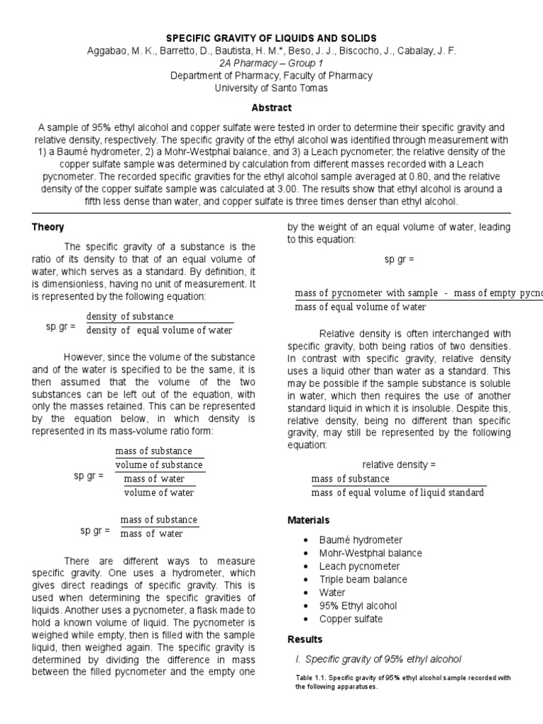 Determination of Specific Gravity or Relative Density of Substances ...