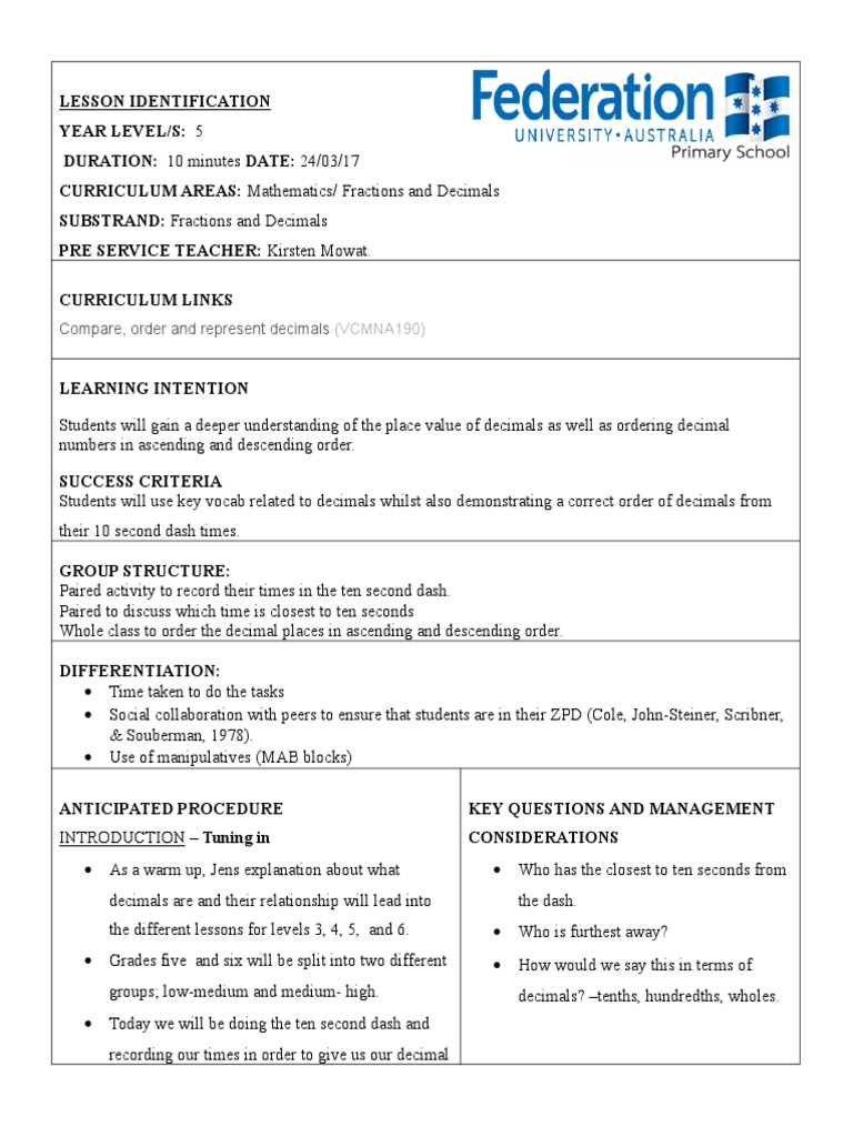 Decimals Lesson Plan for Grade 5 | PDF | Language Arts & Discipline ...