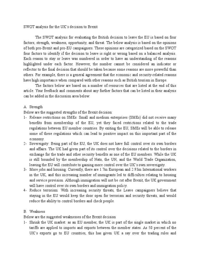SWOT Analysis For The UK | PDF | Brexit | United Kingdom