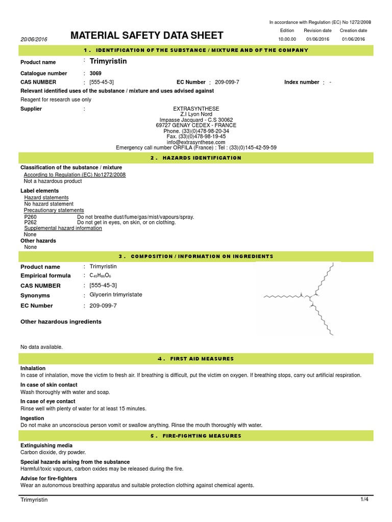 Material Safety Data Sheet: Trimyristin | PDF | Toxicity | Dangerous Goods