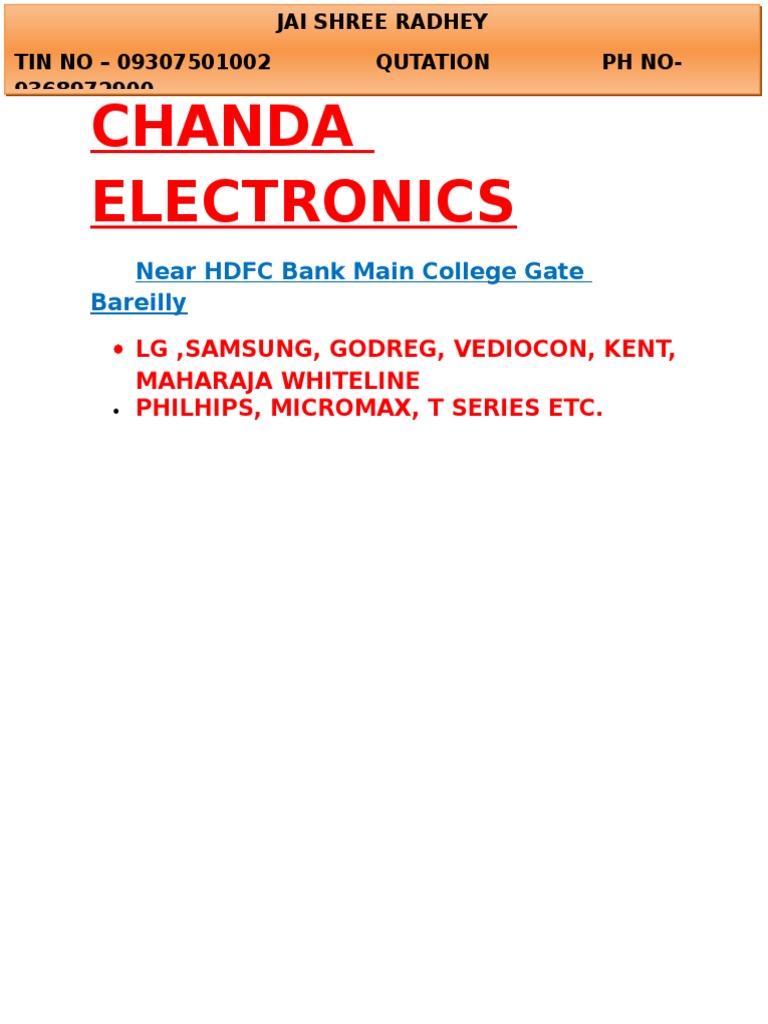 Chanda Electronics: Near HDFC Bank Main College Gate Bareilly | PDF
