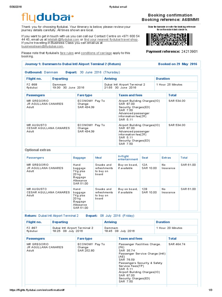 Confirmation - Your Booking Confirmation and Reference - Flydubai | PDF ...
