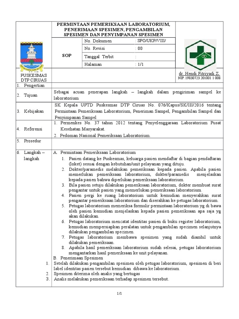 Sop Penerimaan Sampel Lab Oke | PDF | Sains & Matematika