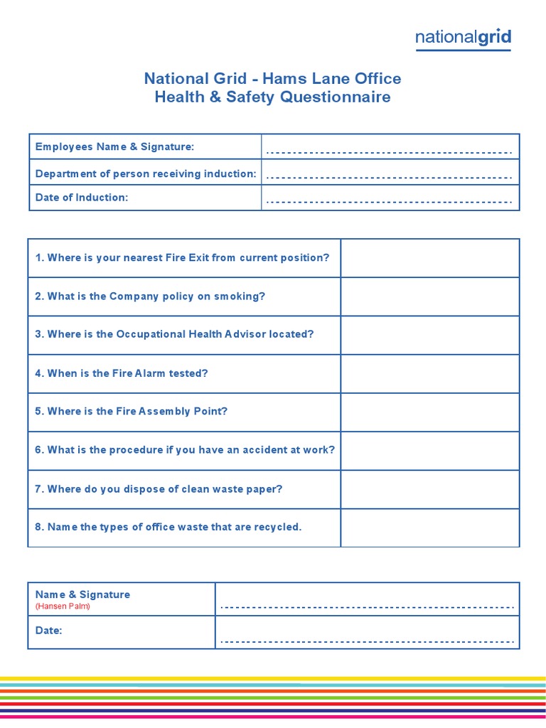 National Grid - Hams Lane Office Health & Safety Questionnaire | PDF