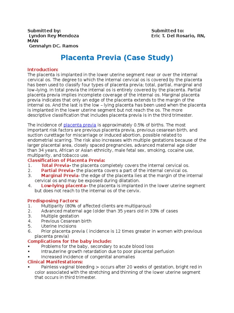 Placenta Previa Case Study | PDF | Mammalian Pregnancy | Medical ...