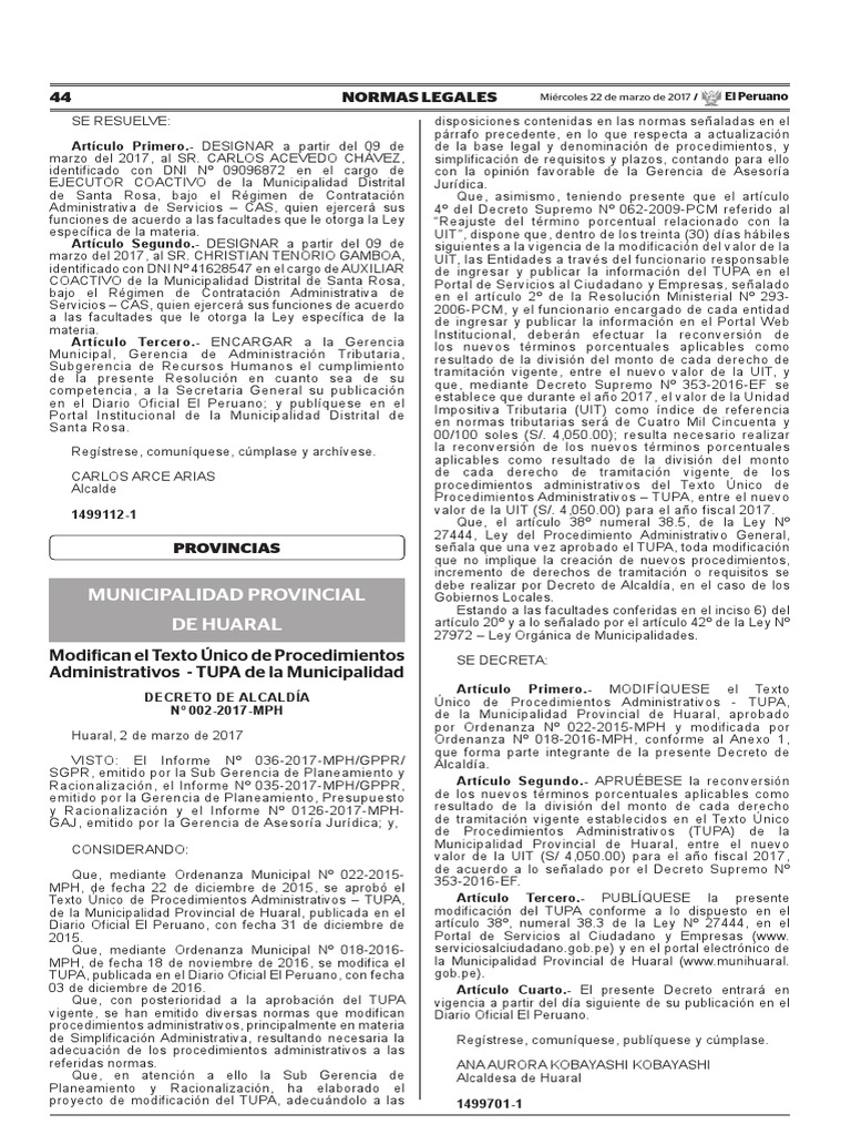 Modifican El Texto Único de Procedimientos Administrativos - TUPA de La ... Modifican El Texto Único de Procedimientos Administrativos - TUPA de La ...