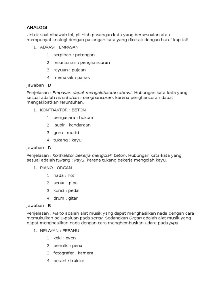 Soal dan Jawaban Analogi Kata | PDF | Seni & Disiplin Bahasa | Sains ...