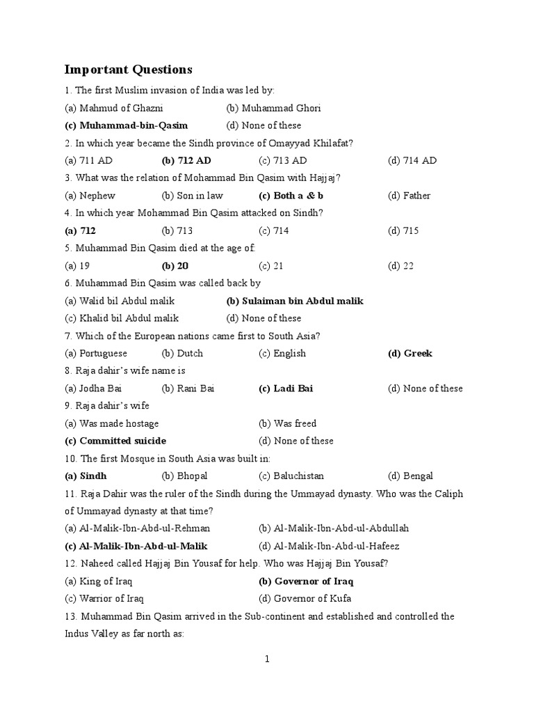 Important MCQs-Muslim Rule in Subcontinent | PDF | Business