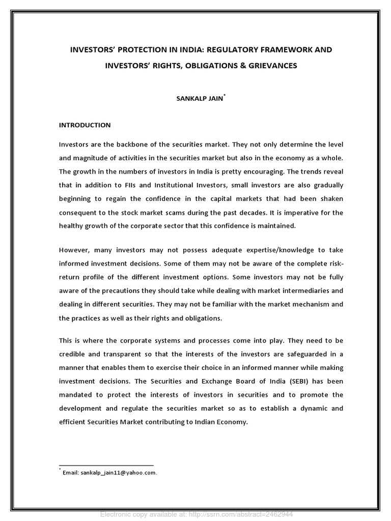 Investors' Protection in India: Regulatory Framework and Investors ...