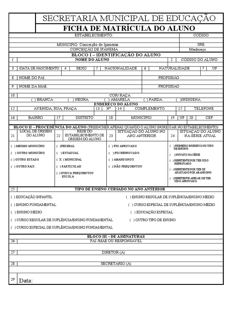 Ficha de Matrícula Escolar - Modelo | PDF