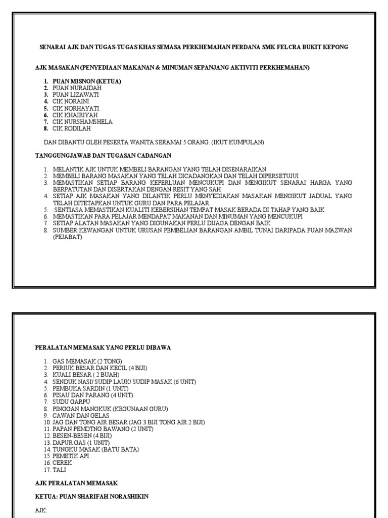 Senarai Ajk Dan Tugas | PDF