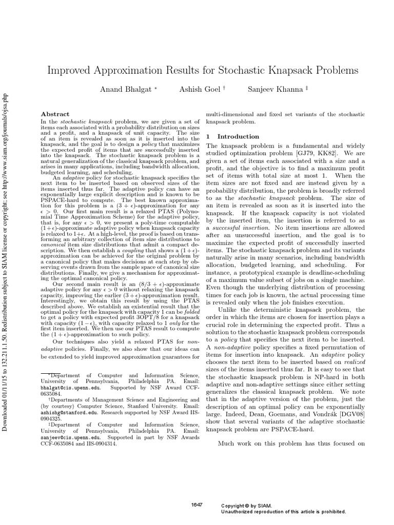 Improved Approximation Results For Stochastic Knapsack Problems | PDF | Mathematical ...