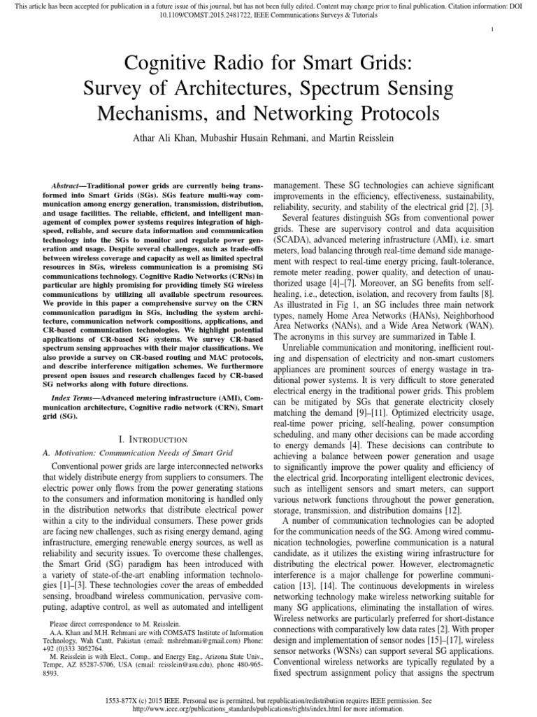 Cognitive Radio For Smart Grids Survey of Architectures, Spectrum ...